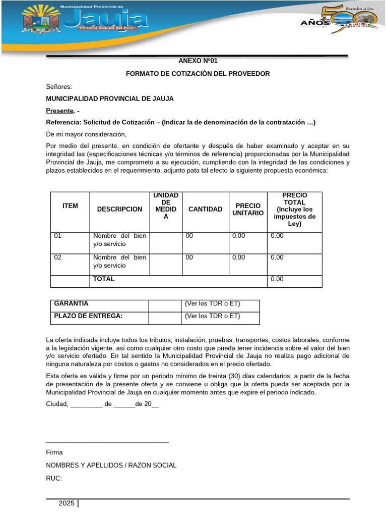 Cotizacion y Formato 2025 MPJ | PDF | Pagos | Corrupción política