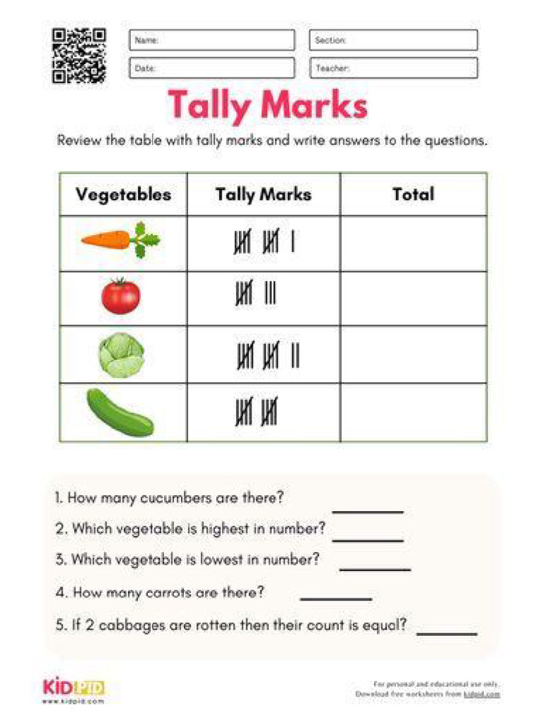 Question Group Tally Marks Worksheet For Grade 1 - Kidpid | PDF
