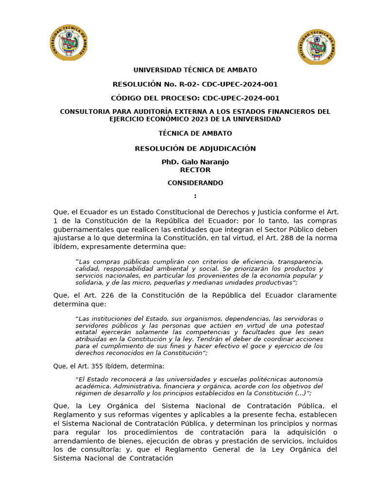 Resolución de adjudicación | PDF | Constitución | Presupuesto