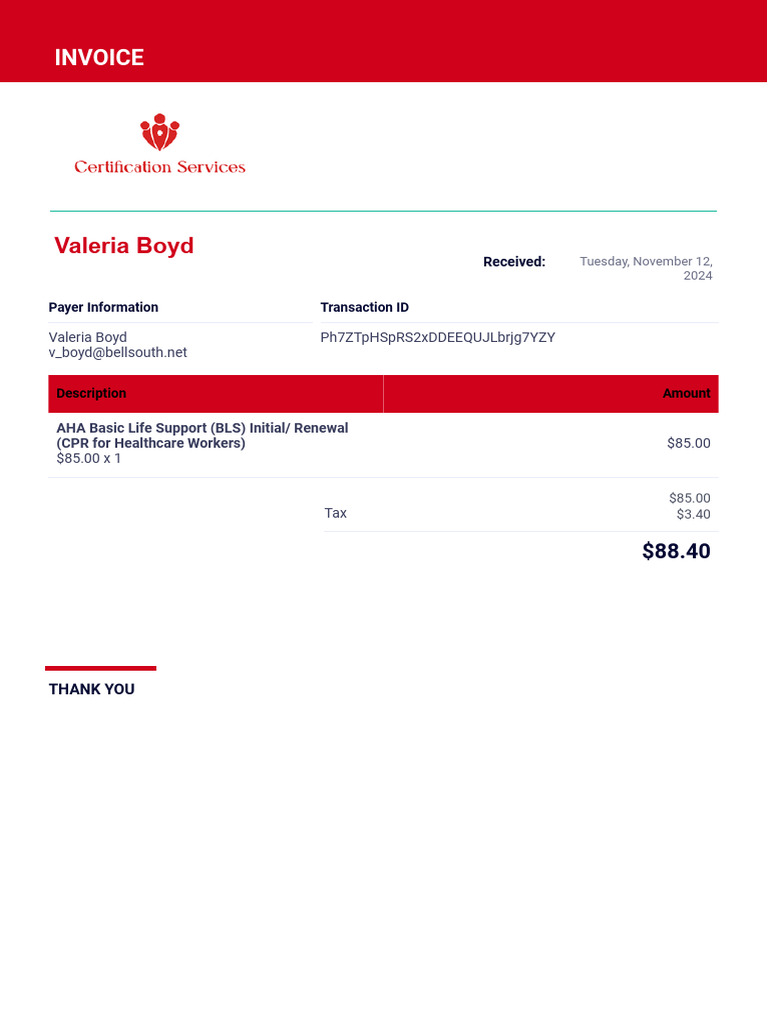 Invoice AHA CPR Training Registration | PDF