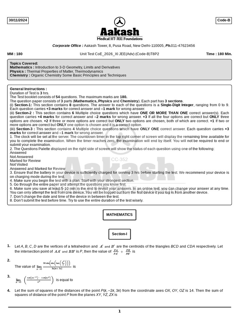 CC-352 - UT-8A - Paper 2 - CoE - 2026 - XI-JEE (Adv) - (Code-B) - 30-11 ...
