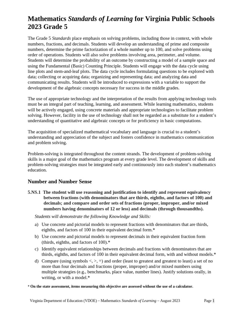 5 2023 Approved Math SOL | PDF | Division (Mathematics) | Numbers