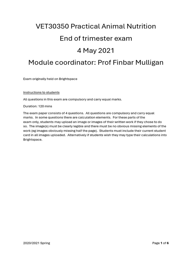 VET30350 Practical Animal Nutrition Spring 2021 End-Of-Tri Exam | PDF ...