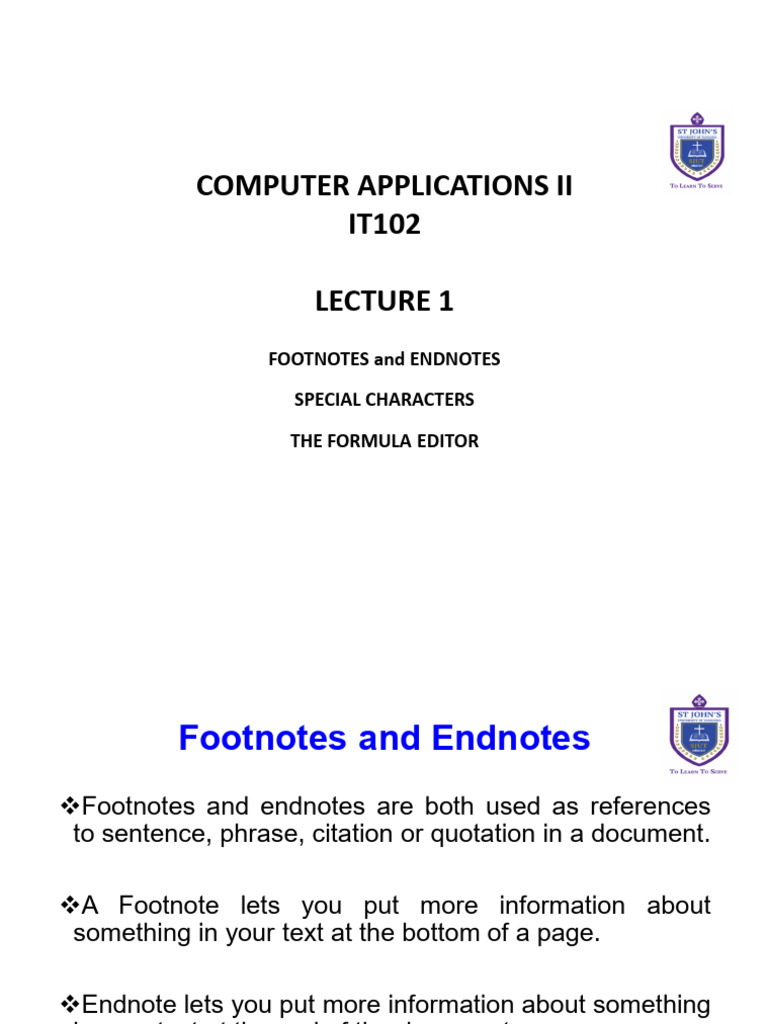 IT102 Lecture 01 - FootNotes - EndNotes - SpecialChar - FormulaEditor ...
