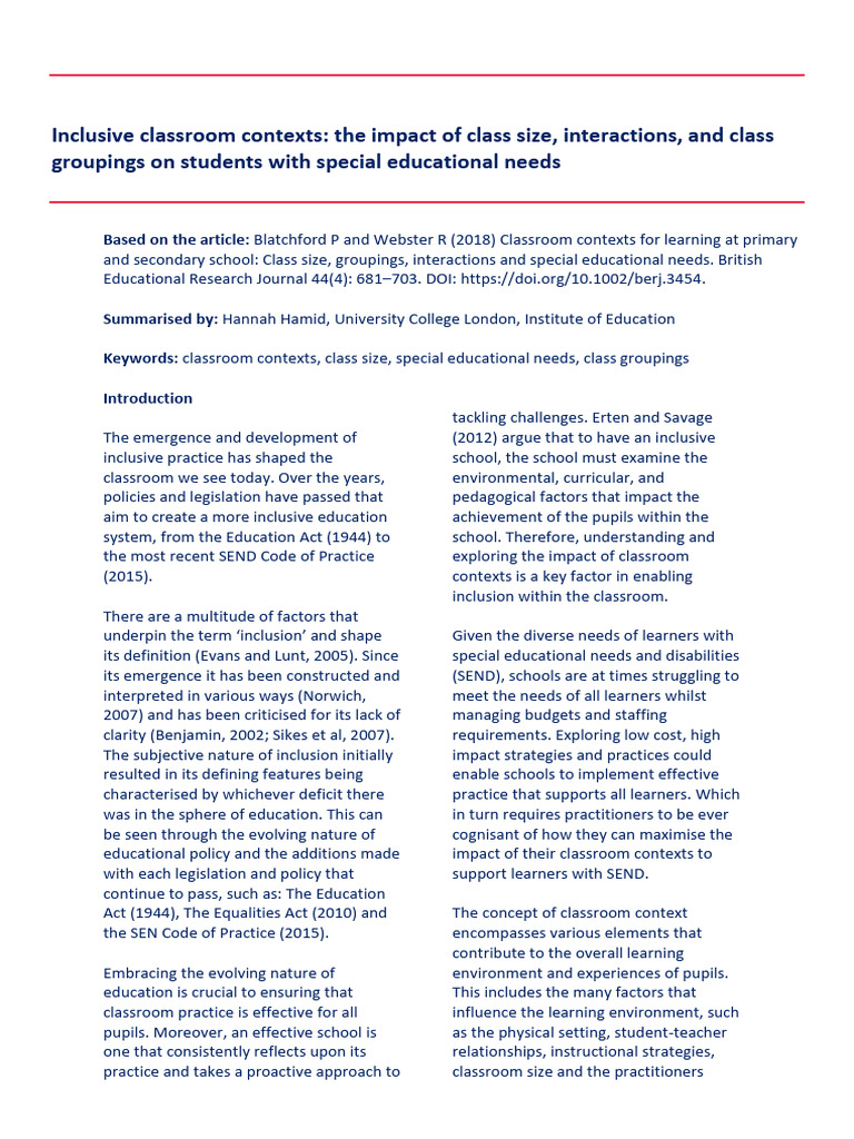 Inclusive Classroom Contexts - The Impact of Class Size, Interactions, and Class Groupings On ...