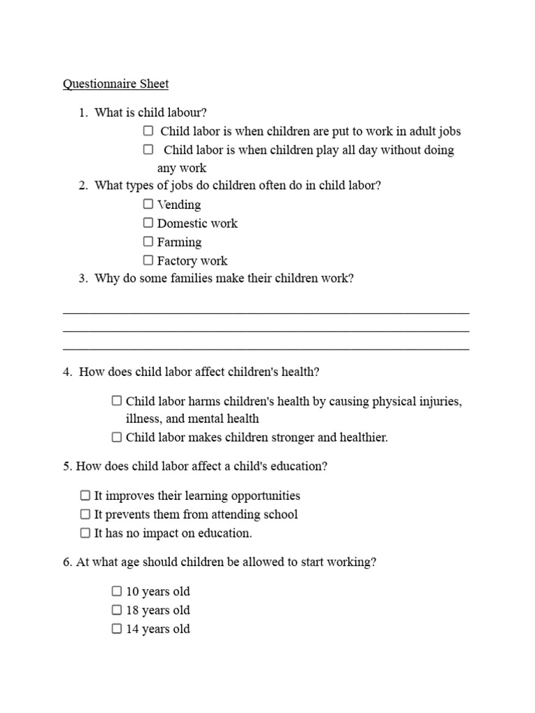 Social Studies Revised Questionnaire | PDF | Child Labour | Labor