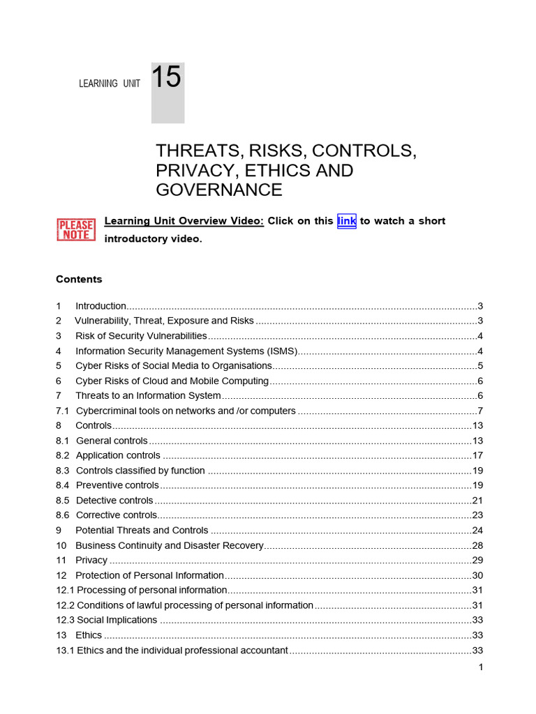 Learning Unit 15 - Threats, Risks, Controls, Privacy and Ethics | PDF | Malware | Computer Virus