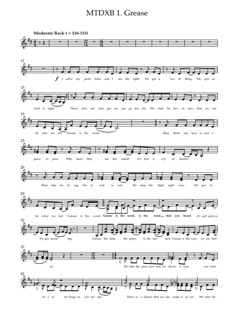 Grease Lyrics Sheet Music | PDF