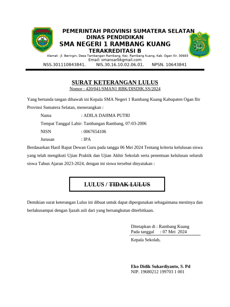 Surat Keterangan Lulus SMA 2024 | PDF