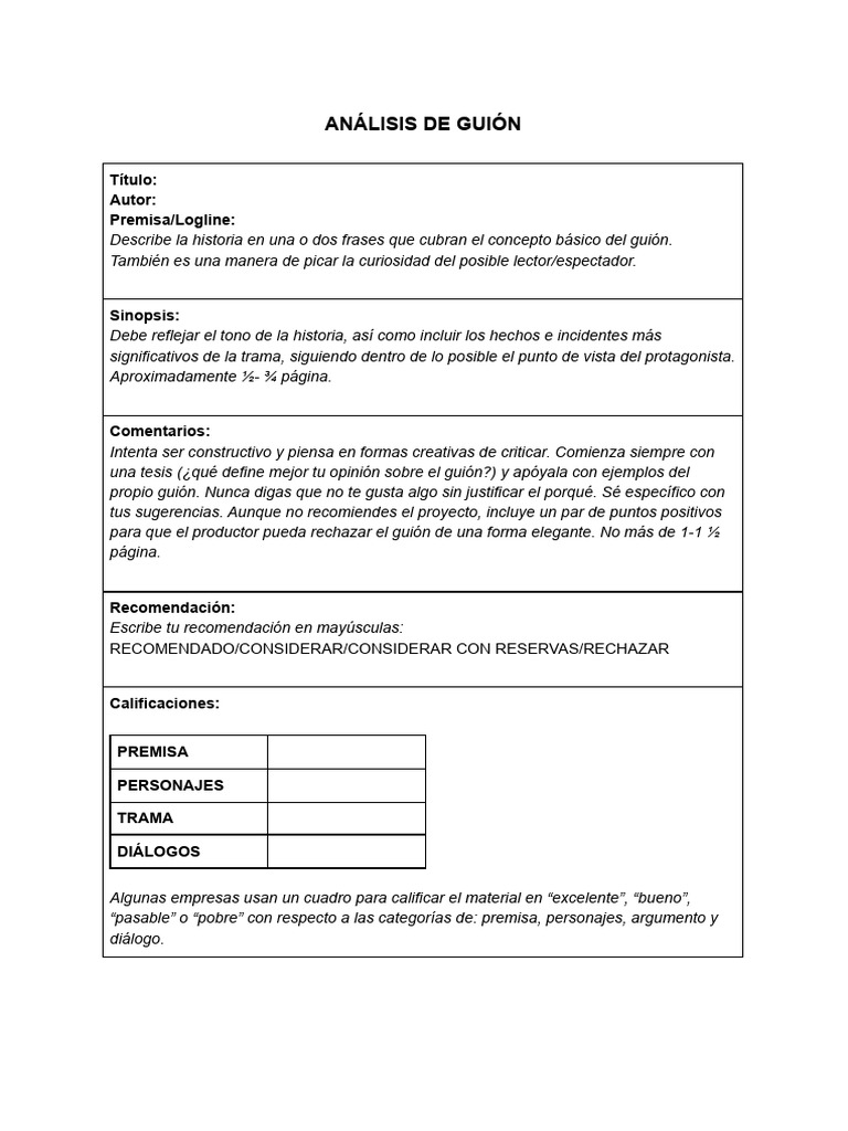ANÁLISIS DE GUIÓN (Plantilla) | PDF
