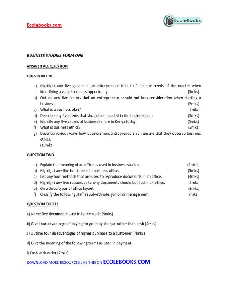 Business Studies Form 1 Assignment April 2021 | PDF