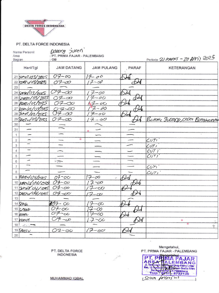 Absensi Dadang Ivan Mar Apr - 0001 | PDF