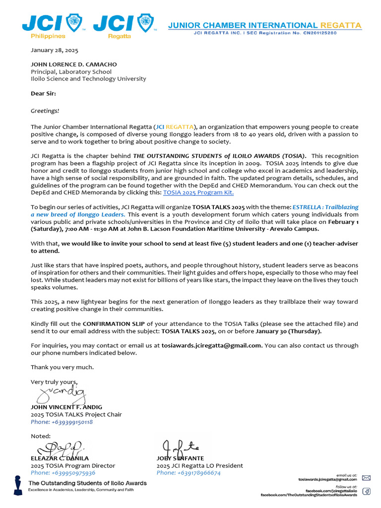 TOSIA TALKS 2025 Invitation Letter To ISAT U High School | PDF