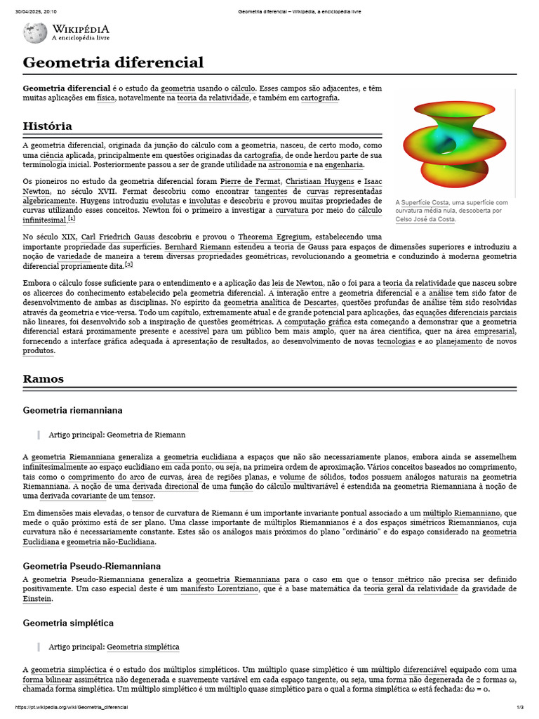 Geometria Diferencial - Wikipédia, A Enciclopédia Livre | PDF | Geometria diferencial | Física