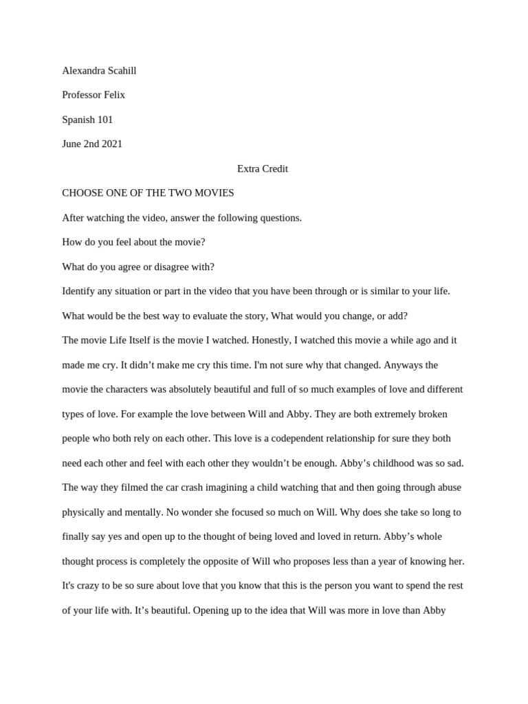 Spanish Extra Credit Movie Reflection | PDF