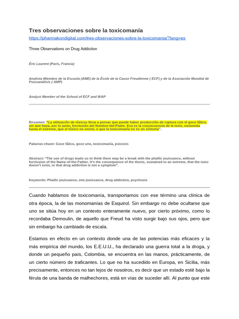 Observaciones sobre la toxicomanía y el goce | PDF | Jacques Lacan | La ...
