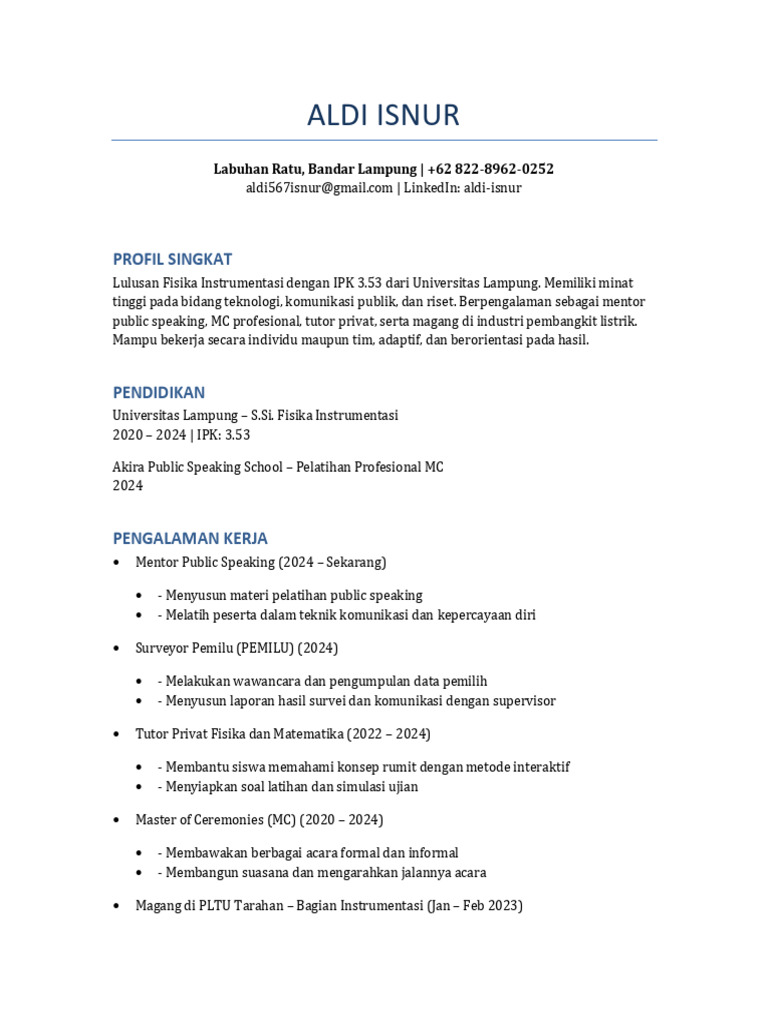 ALDI ISNUR CV Bahasa Indonesia | PDF