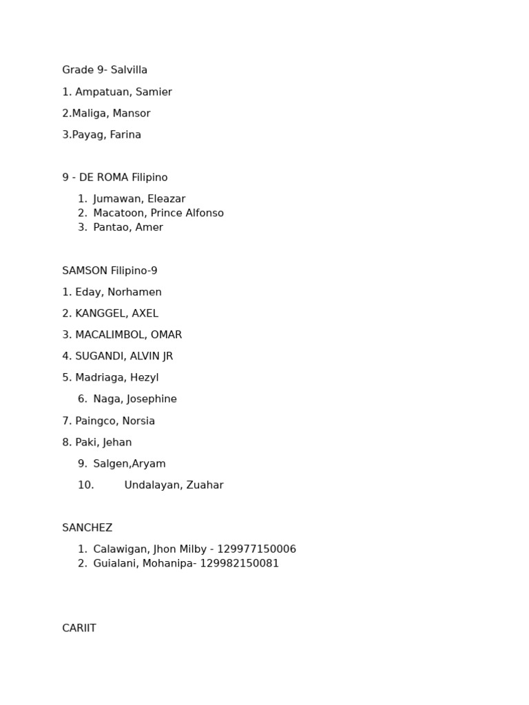 Grade 9 Student List by Class | PDF