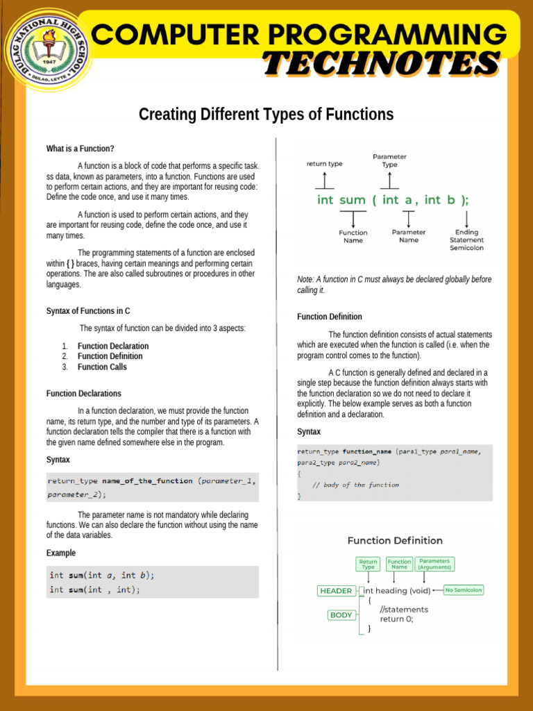Creating Different Types Of Functions Technotes Pdf Parameter Computer Programming Data Type