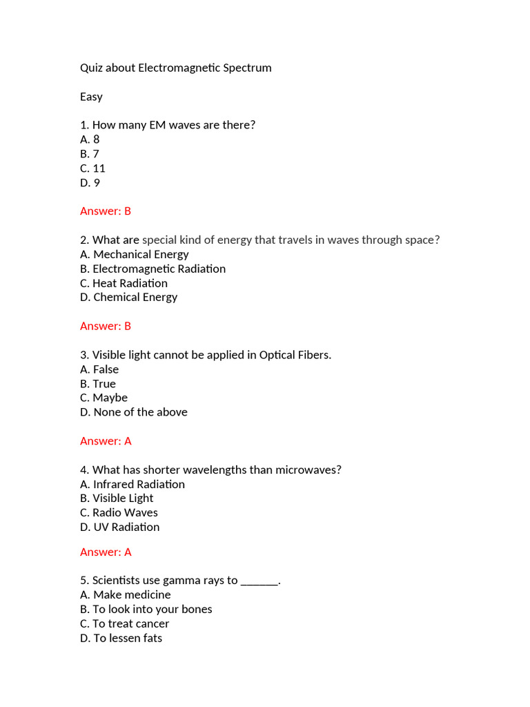 Quiz about Electromagnetic Spectrum | PDF