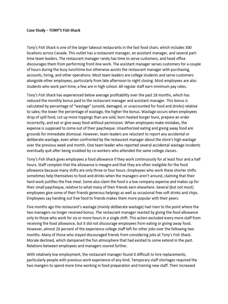 Case Study - Tony's Fish Shack | PDF | Restaurants | Economies