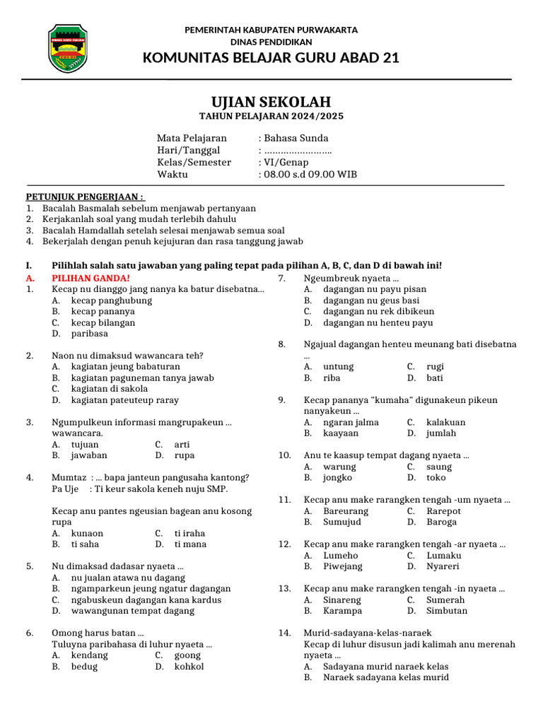 Soal Us SD Plus Jawaban Kelas 6 - Basa Sunda Tahun 2025 | PDF