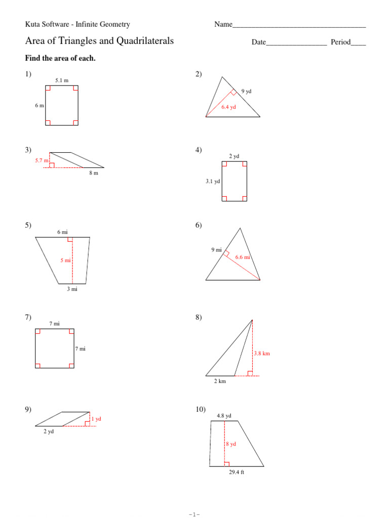 Area of Triangles and Quadrilaterals Worksheet | PDF | Area | Geometry