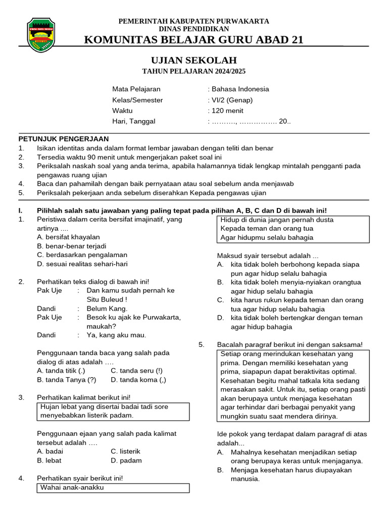 Soal Us SD Plus Jawaban Kelas 6-Bahasa Indonesia Tahun 2025 | PDF