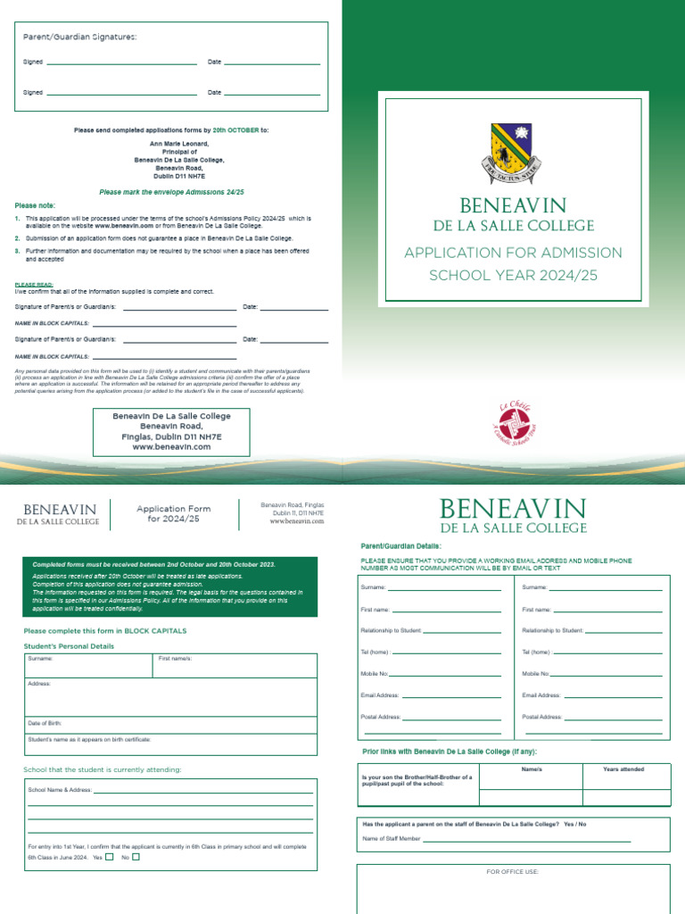 Beneavin Application Form 2024 25 | PDF