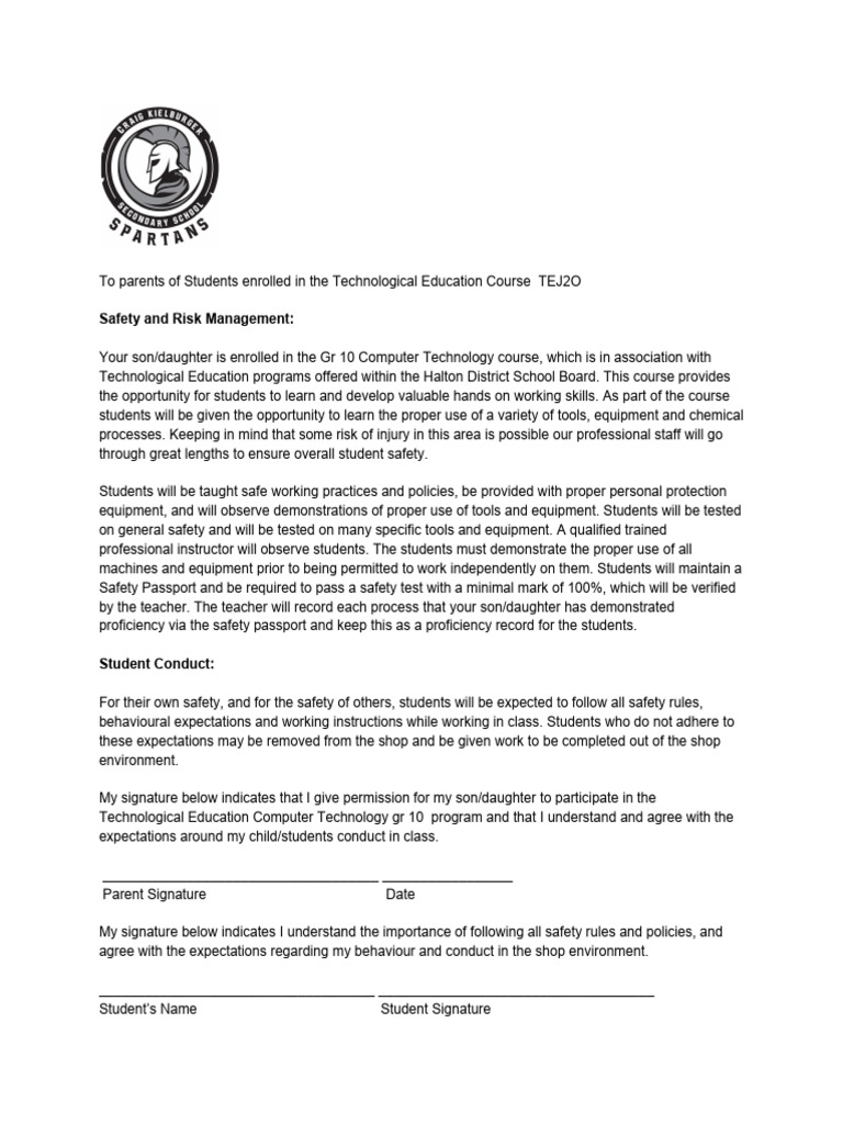 TEJ2O Parent Permission Form | PDF | Safety | Teachers
