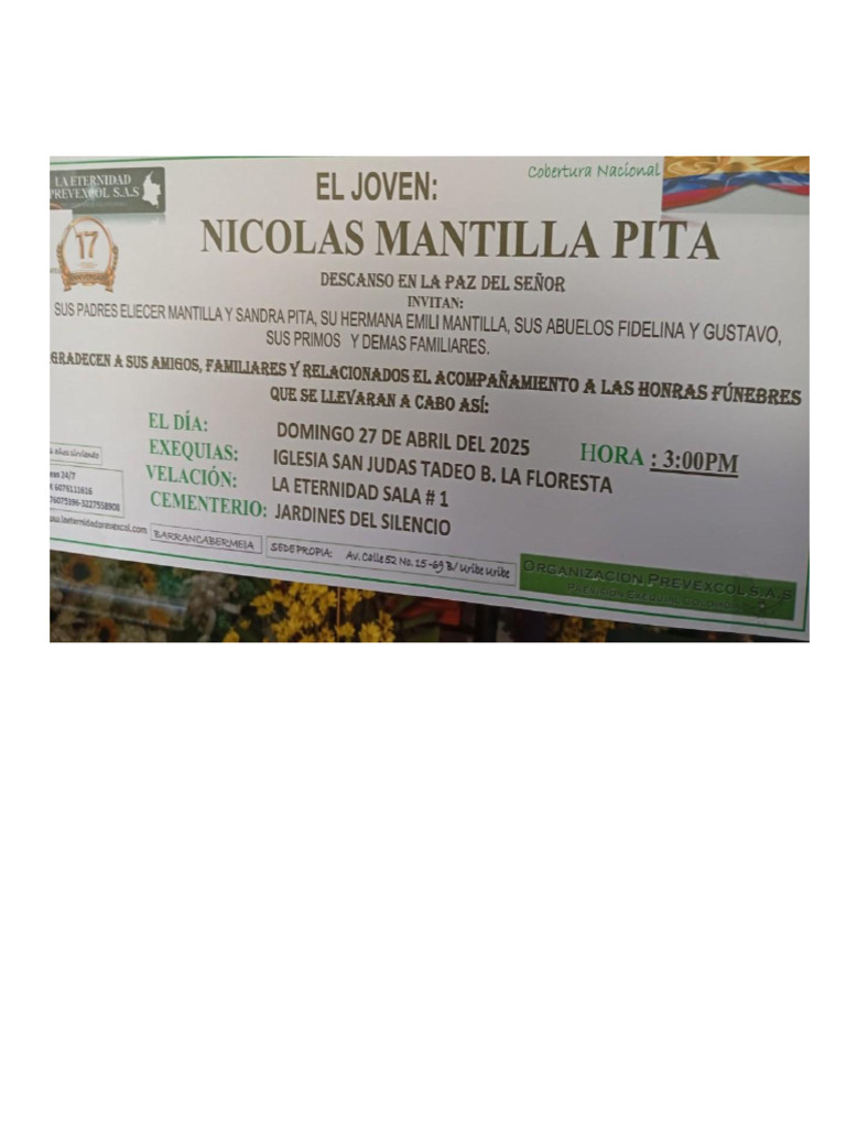 Acto Funebre Nicolas Mantilla Pita | PDF
