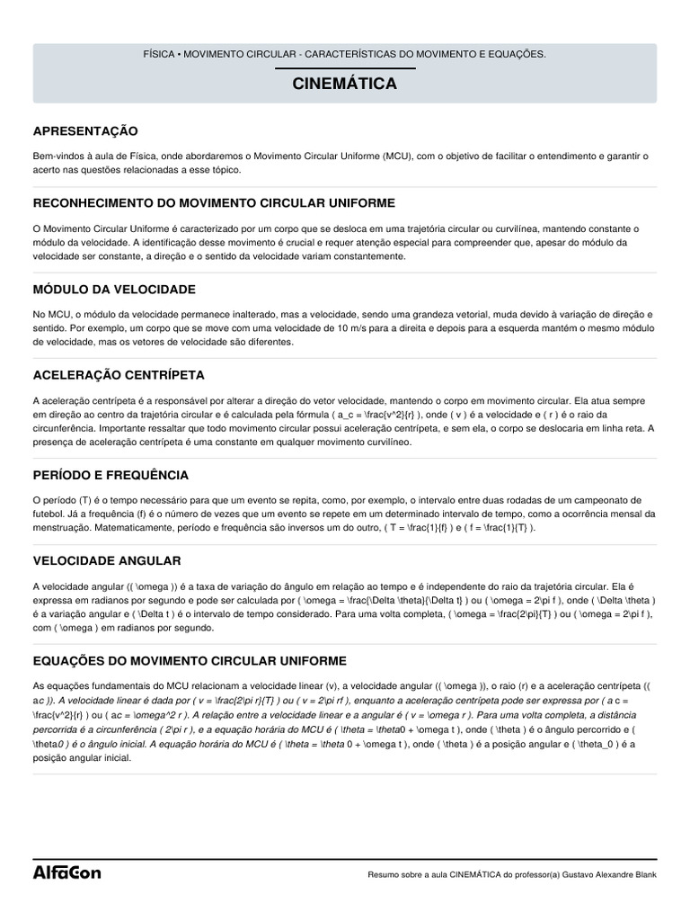 resumo-cinematica (7) | PDF | Velocidade | Física