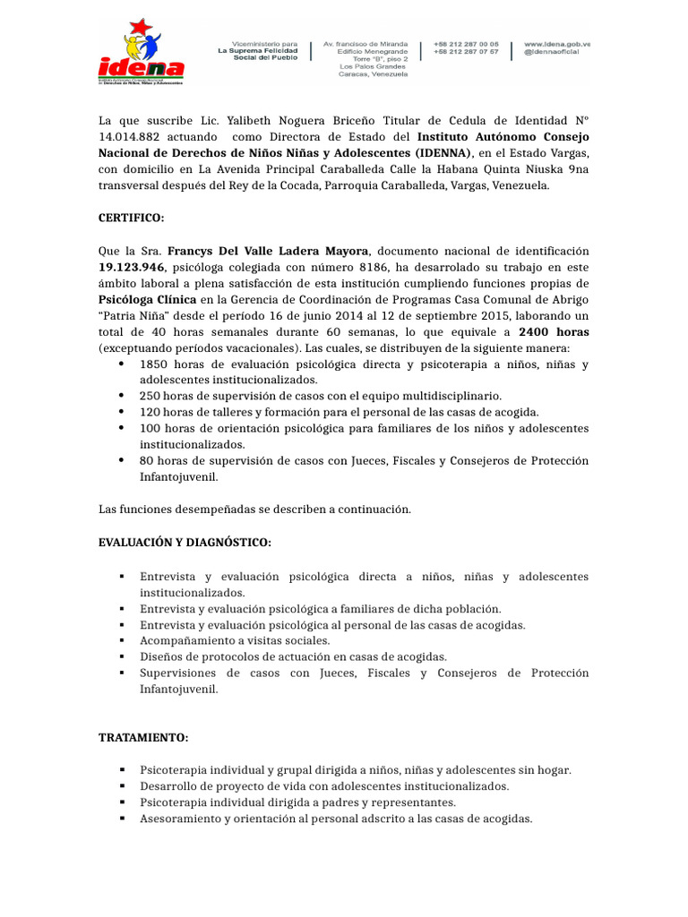 Certificación de Psicóloga en IDENNA | PDF | Sicología