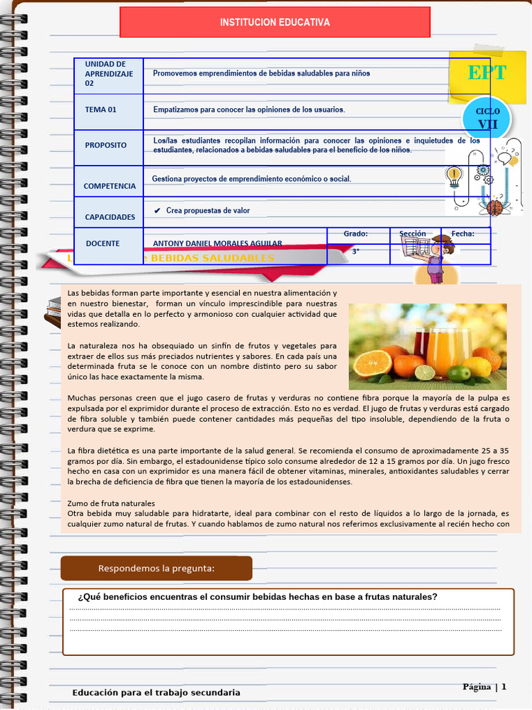 Ficha de Actividad S1 (U2) Ciclo VII (3°) - EPT | PDF | El pensamiento de diseño | Fruta