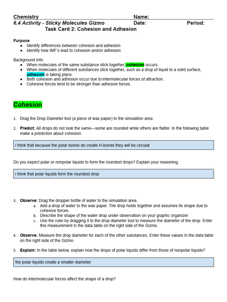 Task Card 2 - Cohesion and Adhesion-Sticky Molecules GIZMO | PDF ...