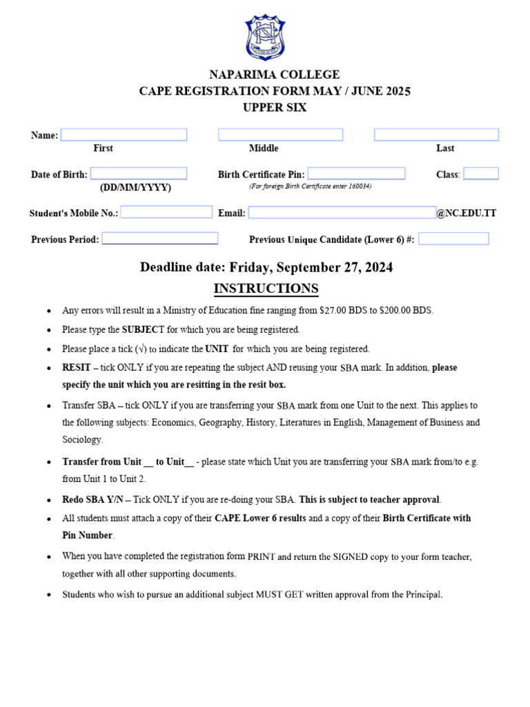 CAPE Form Upper 6 2025 | PDF