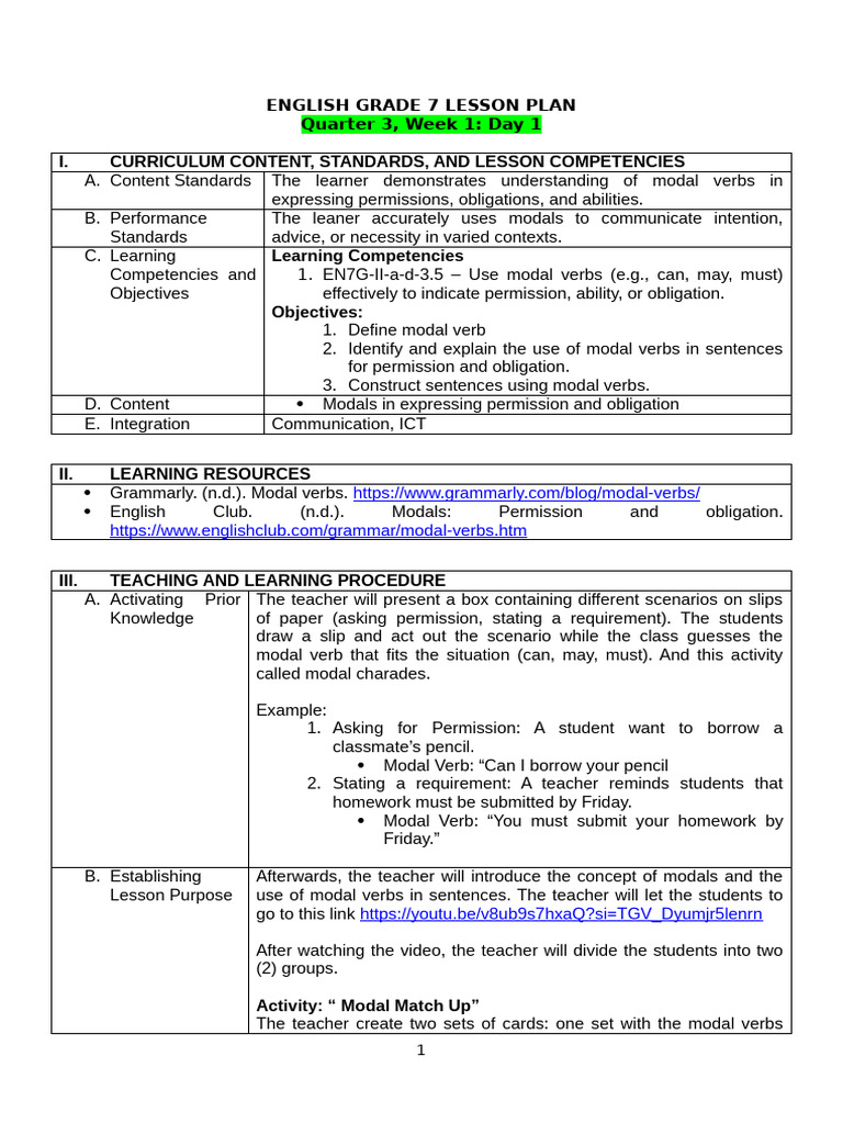Eng7 Lesson Plan Q3.1 | PDF | Learning | Verb
