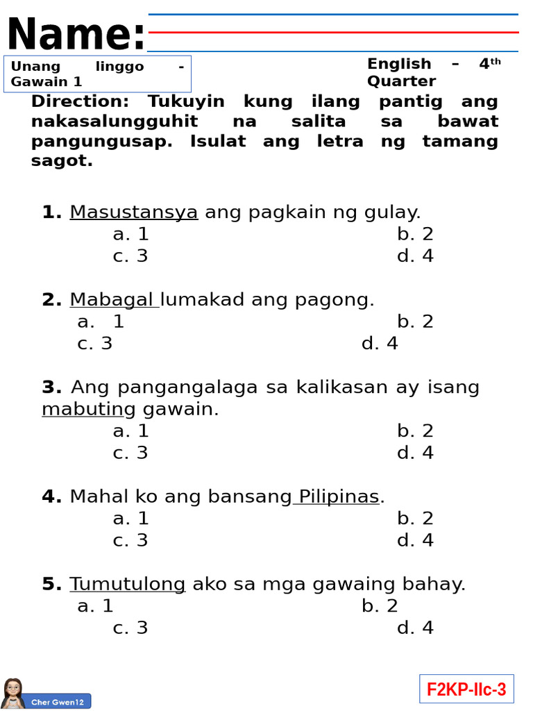 FILIPINO2 Worksheets Q4 W1 | PDF