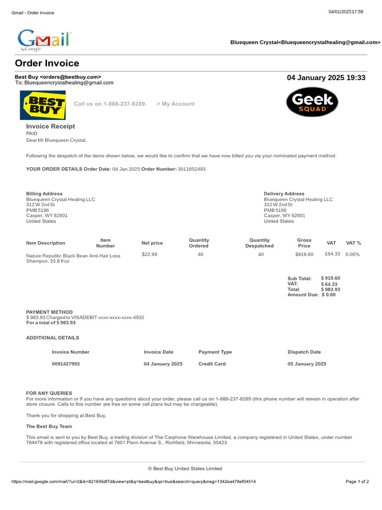 Best Buy Order Invoice Confirmation | PDF | Invoice | Receipt
