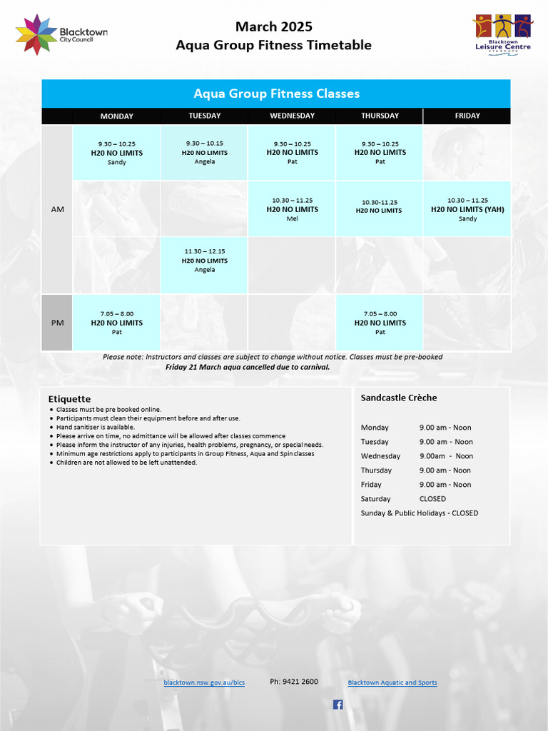 BLCS March 2025 Aqua Group Fitness Timetable | PDF