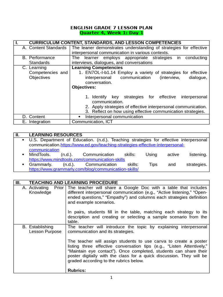 Eng7 Lesson Plan Q4.1 | PDF | Communication | Learning