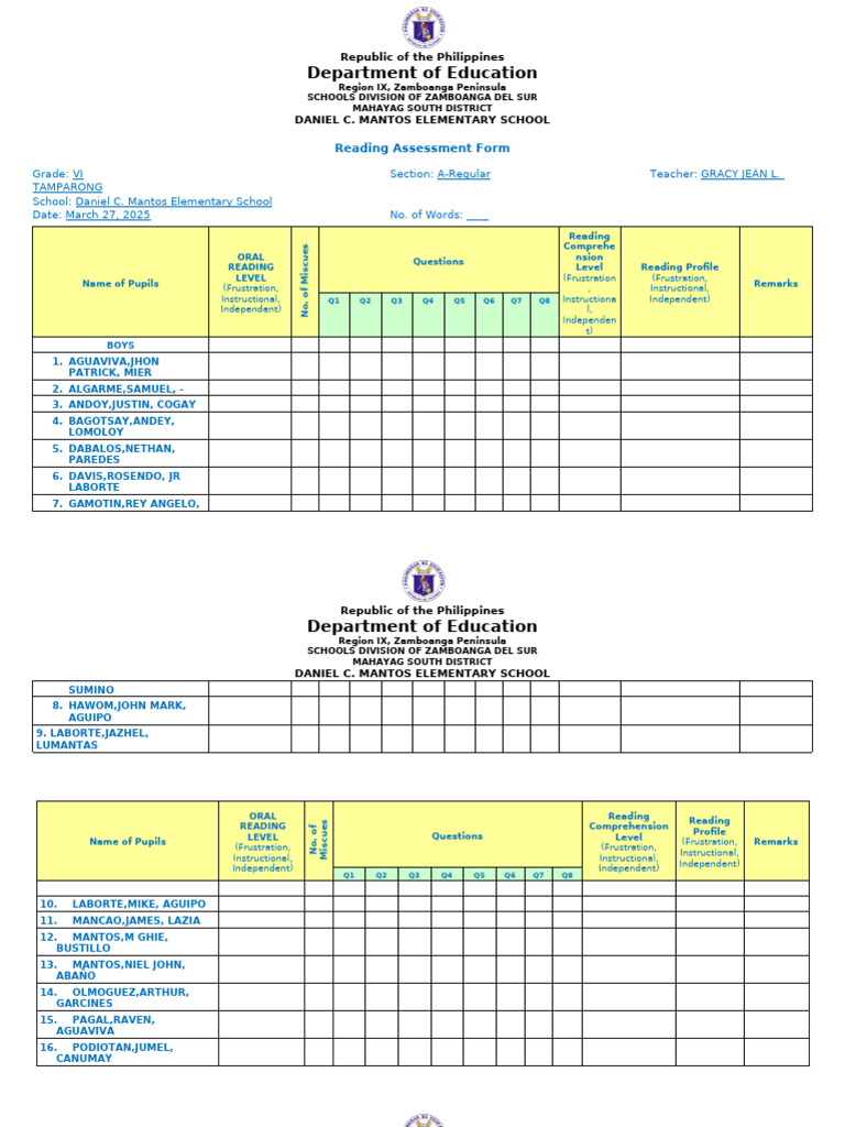 Reading Assessment Tool 3 | PDF