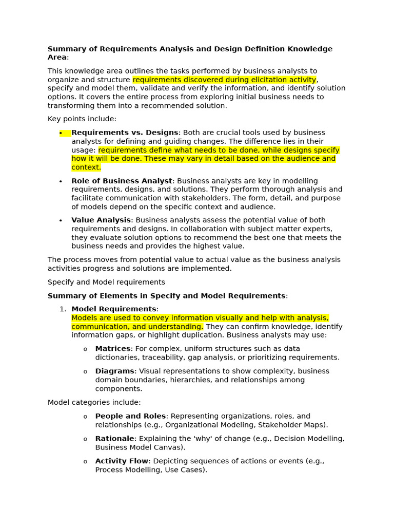 Summary of Requirements Analysis and Design Definition Knowledge Area ...