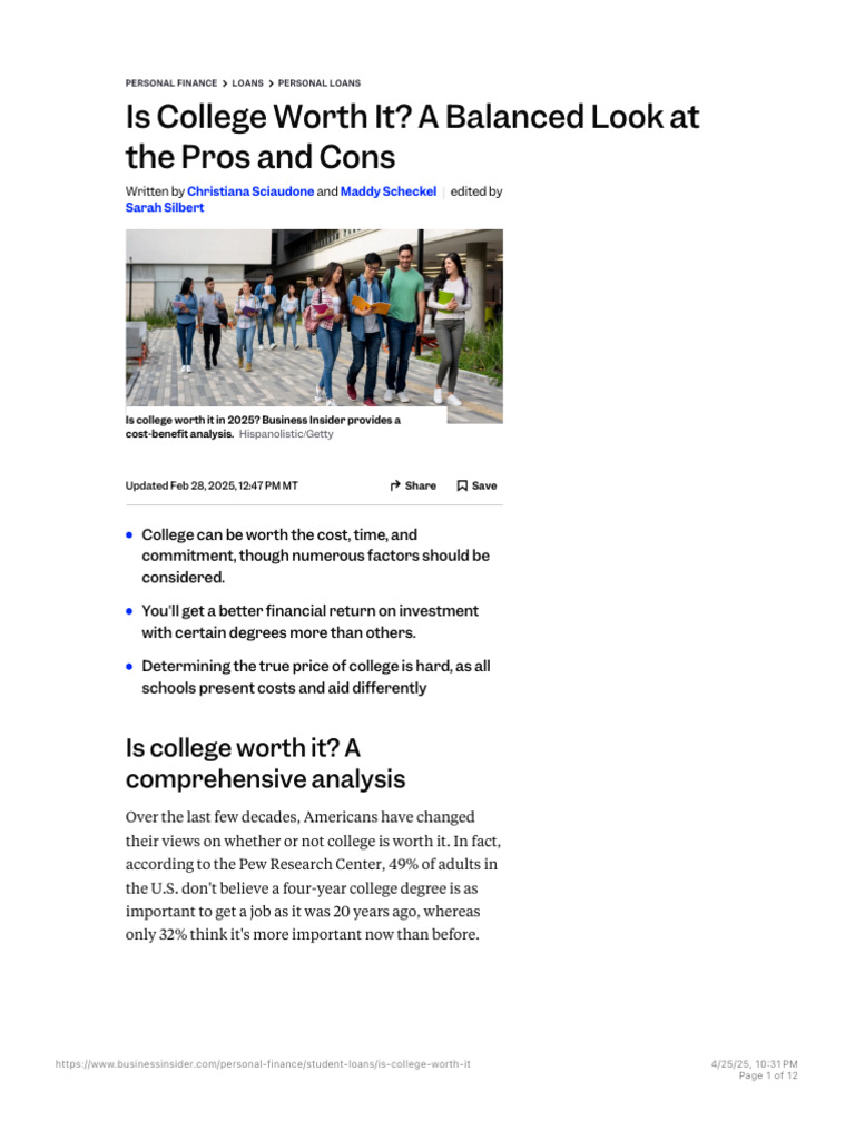 Is College Worth It? A Cost-Benefit Analysis of College in 2025 | PDF ...