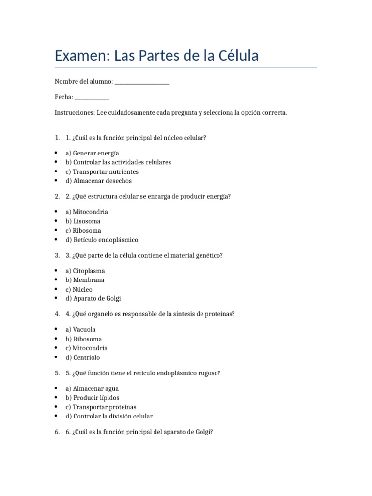Examen sobre las Partes de la Célula | PDF