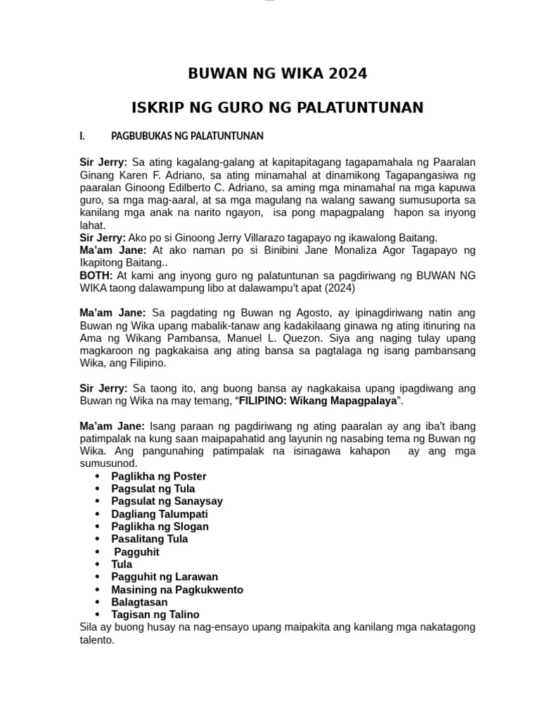 BUWAN NG WIKA 2024-Script | PDF