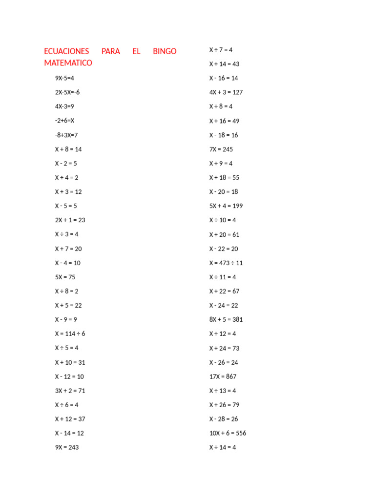 Ecuaciones para El Bingo Matematico | PDF