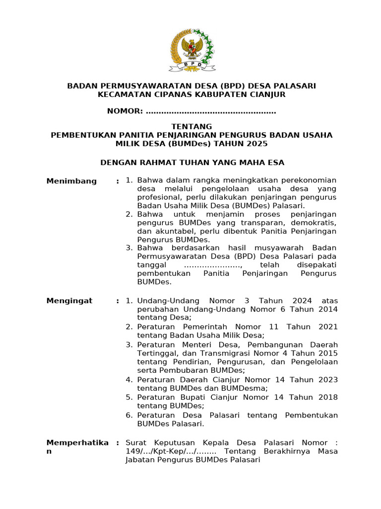 SURAT KEPUTUSAN BPD TENTANG PANITIA PENJARINGAN BUMDes 2025 | PDF