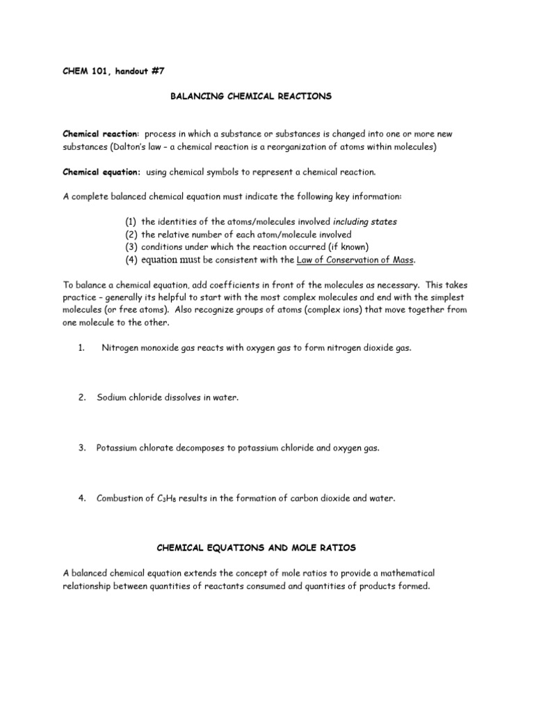07 Handout Balancingequationsandmoleratios | PDF | Chemical Reactions ...
