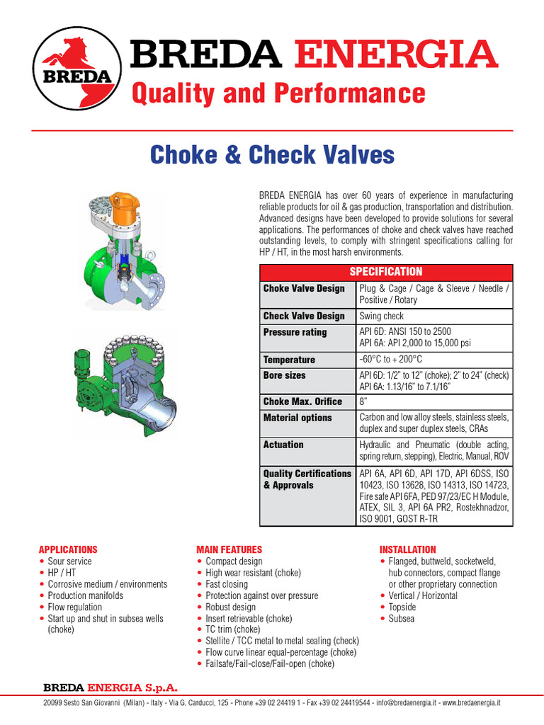 Breda Energia Choke & Check Valves Guide | PDF | Valve | Mechanical ...